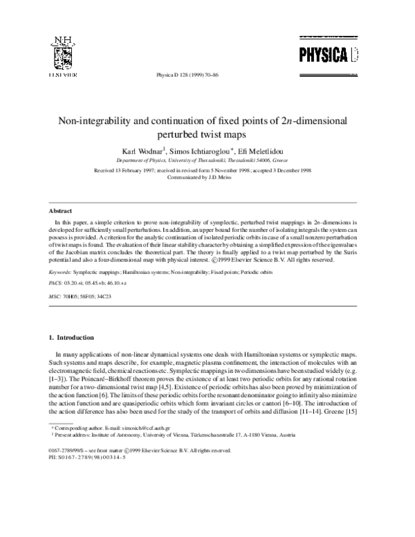 Pdf Non Integrability And Continuation Of Fixed Points Of 2n Dimensional Perturbed Twist Maps