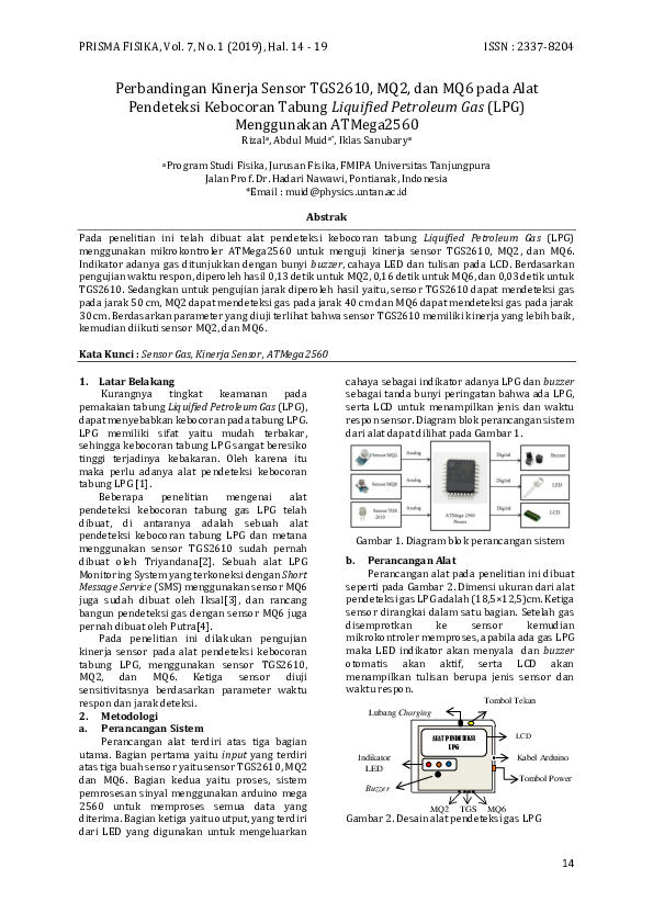 (PDF) Perbandingan Kinerja Sensor TGS2610, MQ2, dan MQ6 pada Alat Pendeteksi Kebocoran Tabung ...