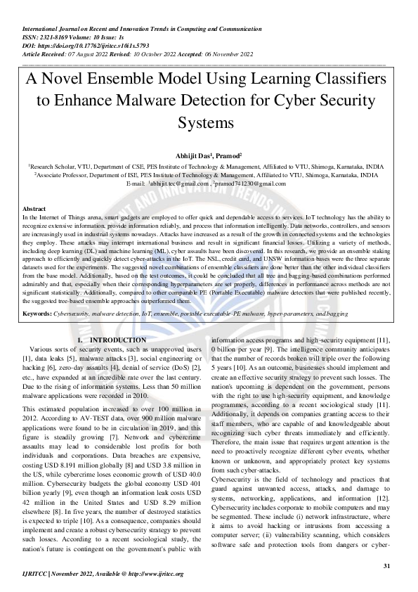 (PDF) A Novel Ensemble Model Using Learning Classifiers to Enhance Malware Detection for Cyber ...