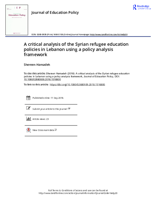 (PDF) A critical analysis of the Syrian refugee education policies in ...