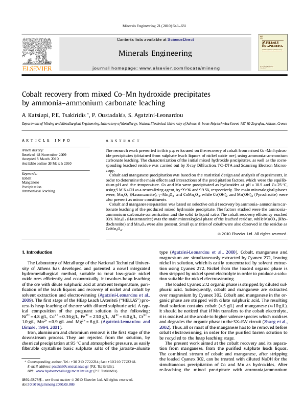 (PDF) Cobalt recovery from mixed Co–Mn hydroxide precipitates by ...