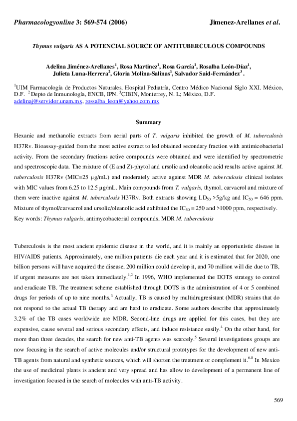 (PDF) Thymus vulgaris as a potencial source of antituberculous compounds