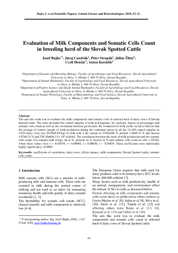 (PDF) Evaluation of Milk Components and Somatic Cells Count in breeding herd of the Slovak ...