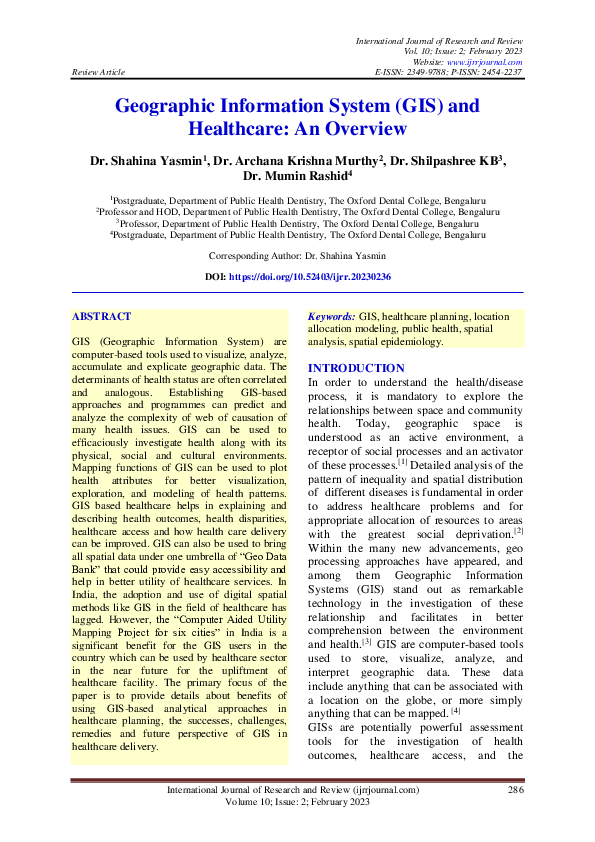 (PDF) Geographic Information System (GIS) and Healthcare: An Overview