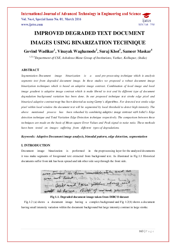 (PDF) Improved Degraded Text Document Images Using Binarization Technique