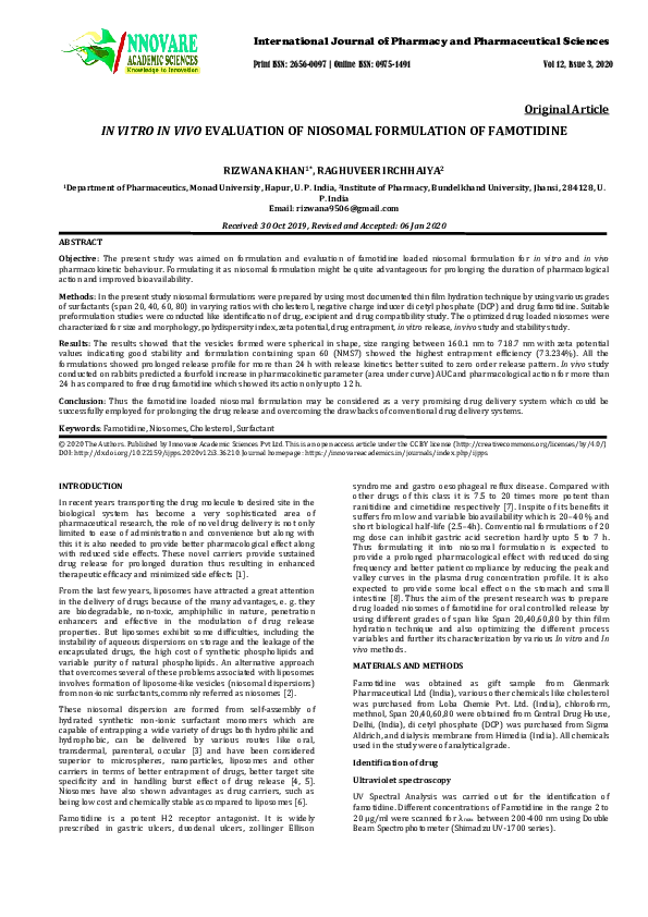 Pdf In Vitro In Vivo Evaluation Of Niosomal Formulation Of Famotidine Original Article