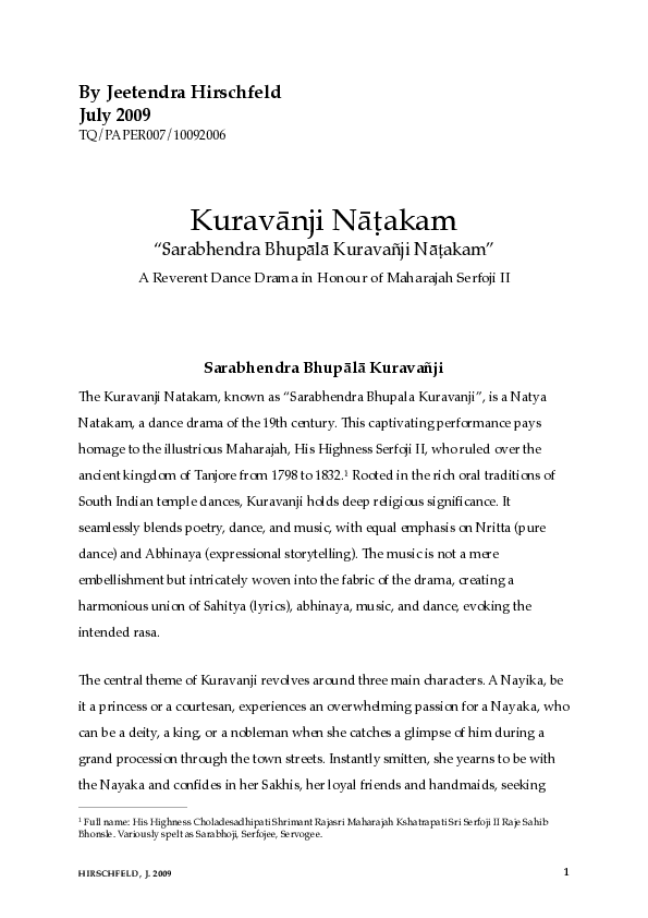 (PDF) Sarabhendra Bhupālā Kuravañji Nāṭakam: Dance Drama in Honour of Maharajah Serfoji II (2009)