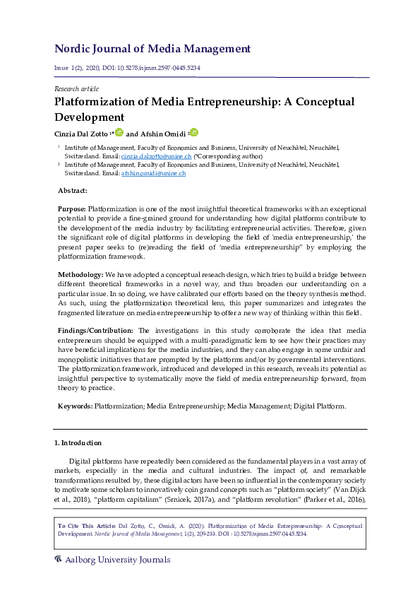 (PDF) Platformization of Media Entrepreneurship: A Conceptual Development