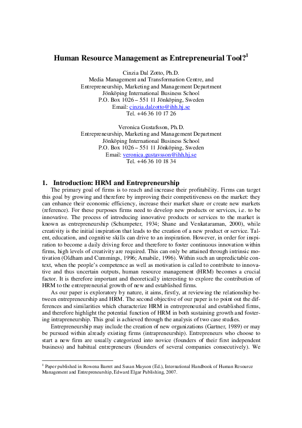 (PDF) Human Resource Management as an Entrepreneurial Tool?