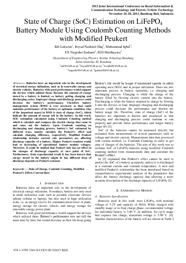 Pdf State Of Charge Soc Estimation On Lifepo4 Battery Module Using Coulomb Counting Methods