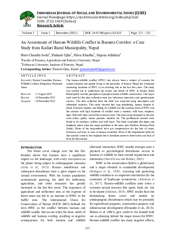 (PDF) An Assessment of Human-Wildlife Conflict in Basanta Corridor: a ...