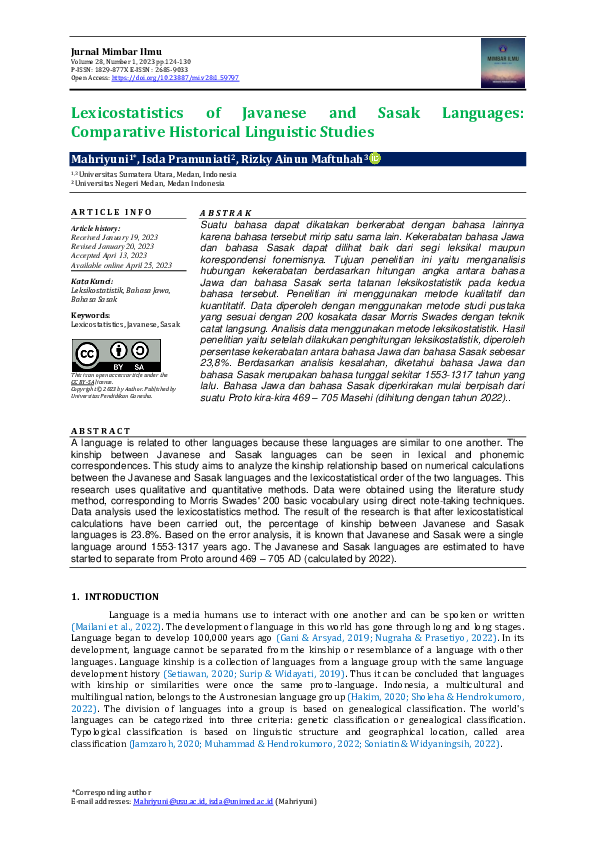 (PDF) Lexicostatistics of Javanese and Sasak Languages: Comparative ...
