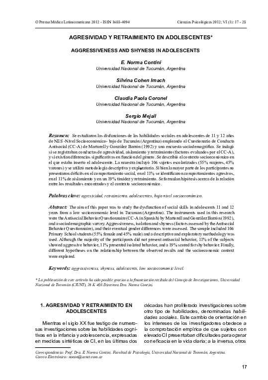 (PDF) Agresividad y Retraimiento en Adolescentes | claudia coronel ...