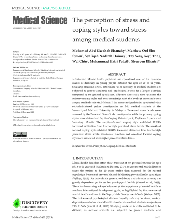 (PDF) The perception of stress and coping styles toward stress among ...