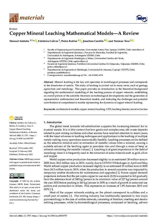 (PDF) Copper Mineral Leaching Mathematical Models—A Review
