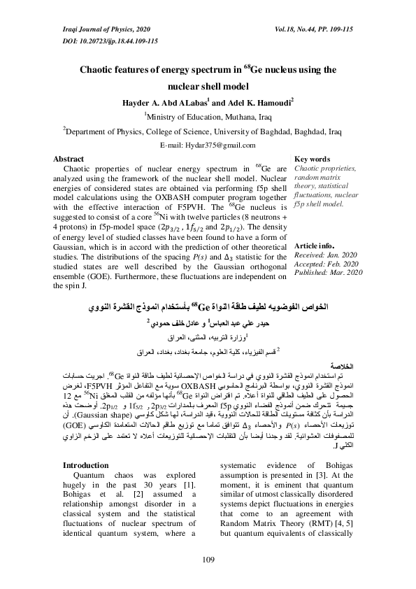 (PDF) Chaotic features of energy spectrum in 68Ge Nucleus Using the ...