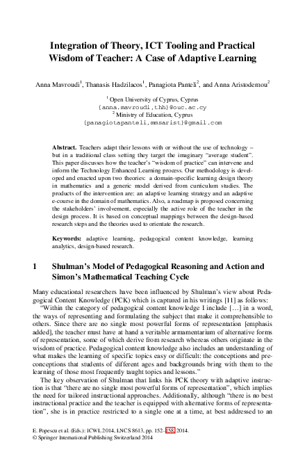 (PDF) Integration of Theory, ICT Tooling and Practical Wisdom of Teacher: A Case of Adaptive ...