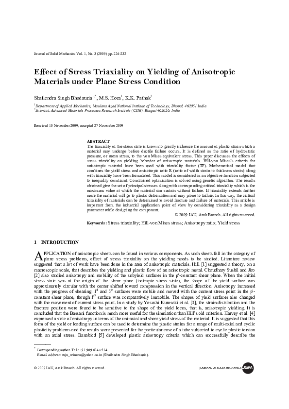 (PDF) Effect of Stress Triaxiality on Yielding of Anisotropic Materials under Plane Stress Condition