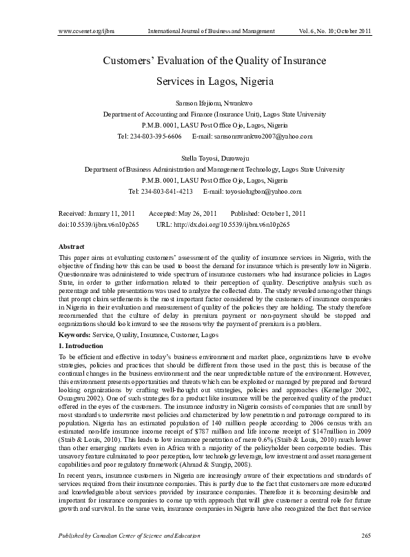 (PDF) Customers’ Evaluation of the Quality of Insurance Services in ...