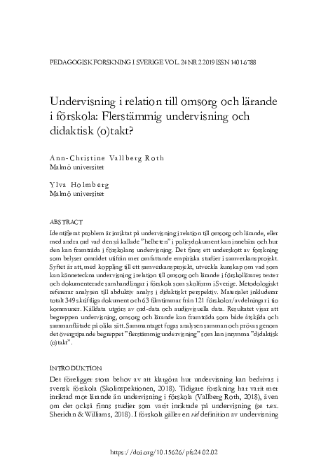 (PDF) Undervisning i relation till omsorg och lärande i förskola ...