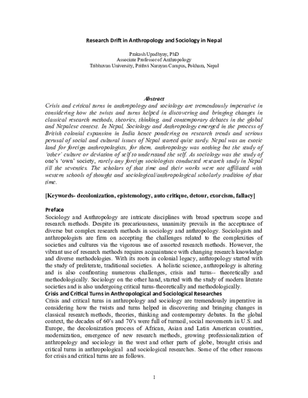 (DOC) Research Drift in Anthropology and Sociology in Nepal | Prakash ...