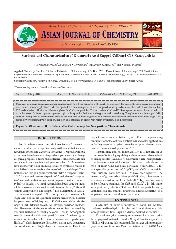 (PDF) Synthesis and Characterization of Glucuronic Acid Capped CdO and ...