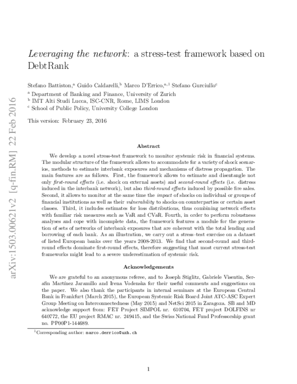 (PDF) Leveraging the Network: A Stress-Test Framework Based on DebtRank