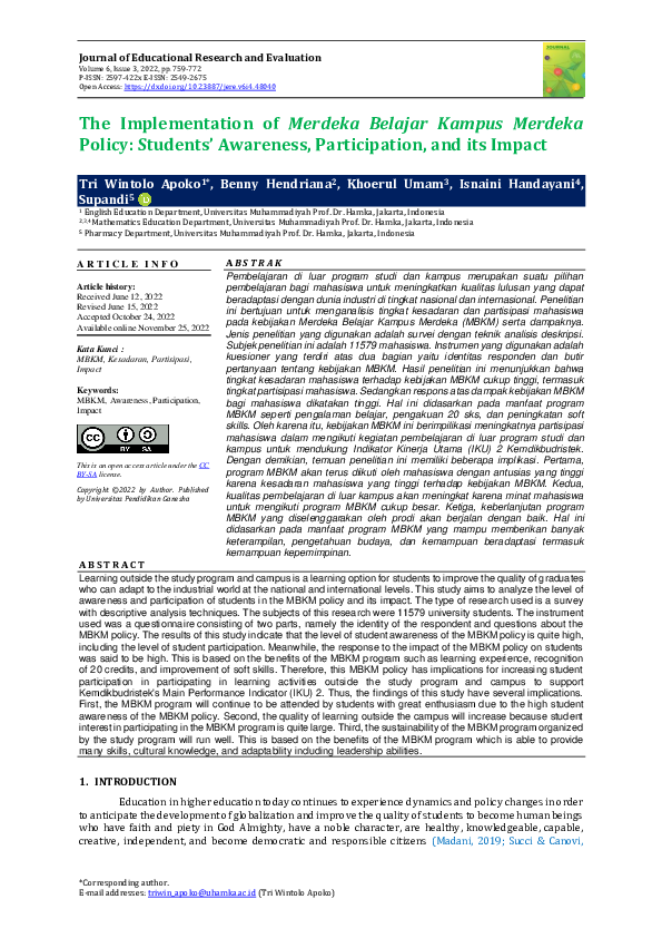 (PDF) The Implementation of Merdeka Belajar Kampus Merdeka Policy: Students’ Awareness ...