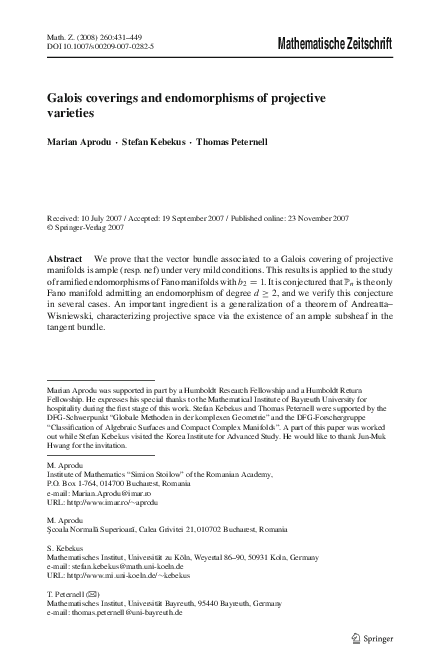 Pdf Galois Coverings And Endomorphisms Of Projective Varieties Marian Aprodu