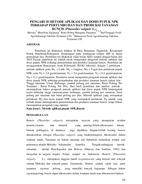 (PDF) PENGARUH METODE APLIKASI DAN DOSIS PUPUK NPK TERHADAP PERTUMBUHAN DAN PRODUKSI TANAMAN ...