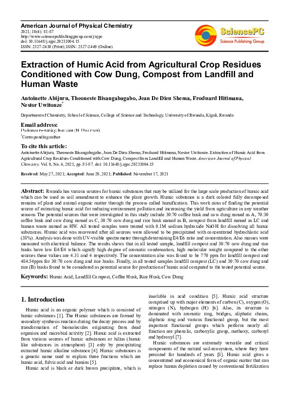 (PDF) Extraction of Humic Acid from Agricultural Crop Residues ...