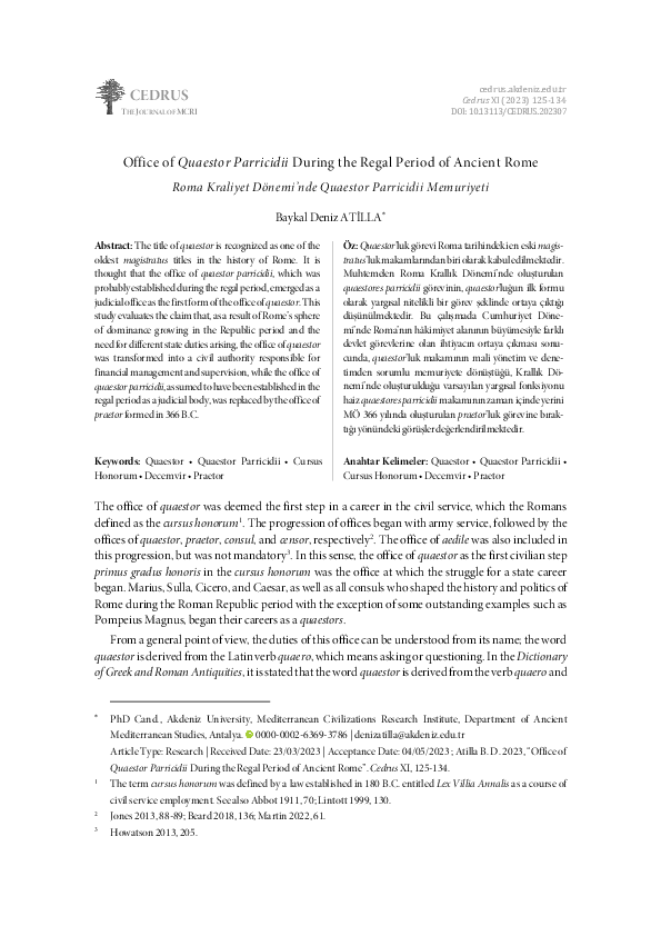 (PDF) Office of Quaestor Parricidii During the Regal Period of Ancient Rome