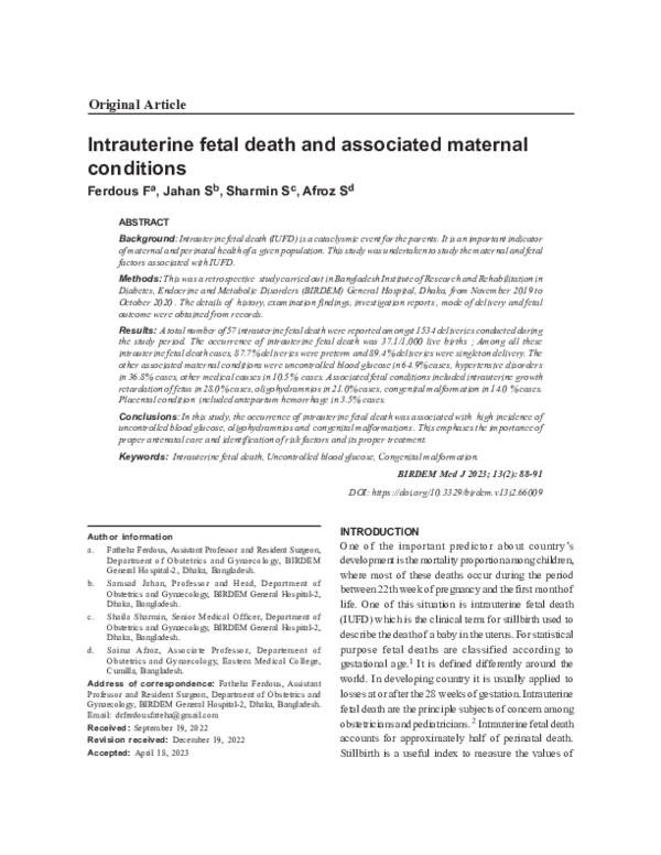 (PDF) Intrauterine fetal death and associated maternal conditions ...