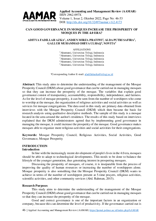 (PDF) Can Good Governance in Mosques Increase the Prosperity of Mosques in the 4.0 Era?