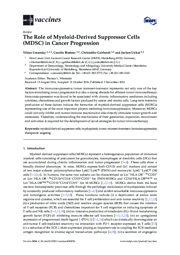 (PDF) The Role of Myeloid-Derived Suppressor Cells (MDSC) in Cancer Progression | Viktor Umansky ...