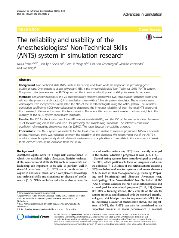 (PDF) The reliability and usability of the Anesthesiologists’ Non-Technical Skills (ANTS) system ...