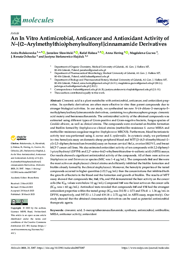 (PDF) An In Vitro Antimicrobial, Anticancer and Antioxidant Activity of N–[(2–Arylmethylthio ...
