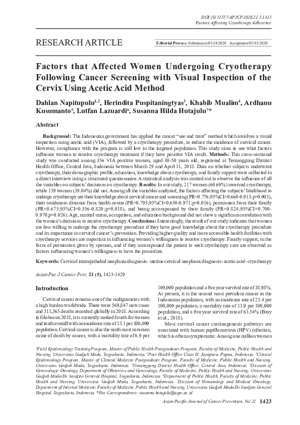 Factors that Affected Women Undergoing Cryotherapy Following Cancer ...