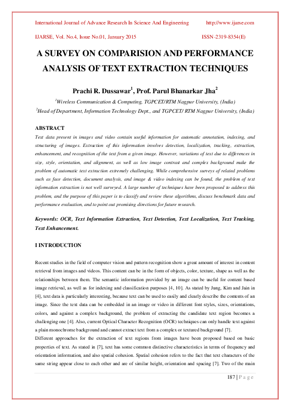 Pdf Survey Of Text Extraction Techniques Performance And Comparison