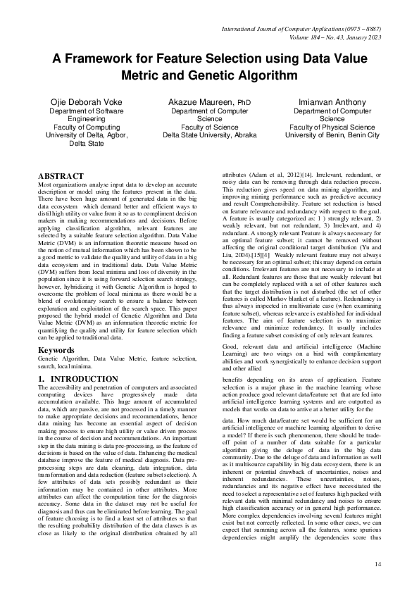 Pdf A Framework For Feature Selection Using Data Value Metric And Genetic Algorithm