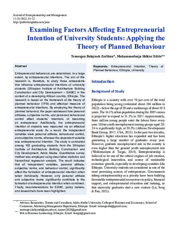 (PDF) Examining Factors Affecting Entrepreneurial Intention of University Students: Applying the ...