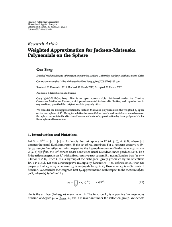 Pdf Weighted Approximation For Jackson Matsuoka Polynomials On The Sphere