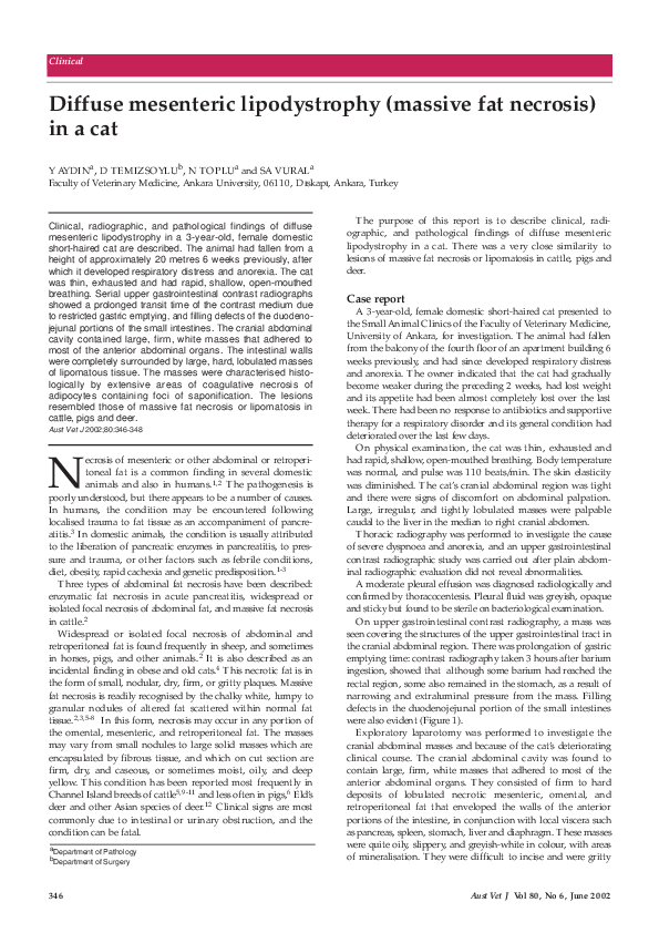 (PDF) Diffuse mesenteric lipodystrophy (massive fat necrosis) in a cat