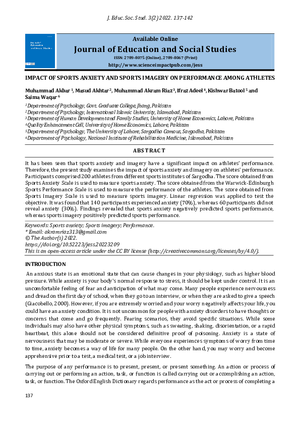 (PDF) Impact of Sports Anxiety and Sports Imagery on Performance among ...