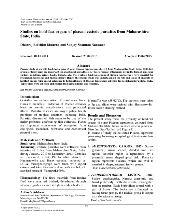 (PDF) Studies on hold-fast organs of piscean cestode parasites from ...