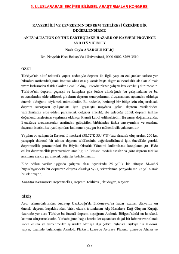 (PDF) Kayseri İli ve Çevresinin Deprem Tehlikesi Üzerine Bir Değerlendirme