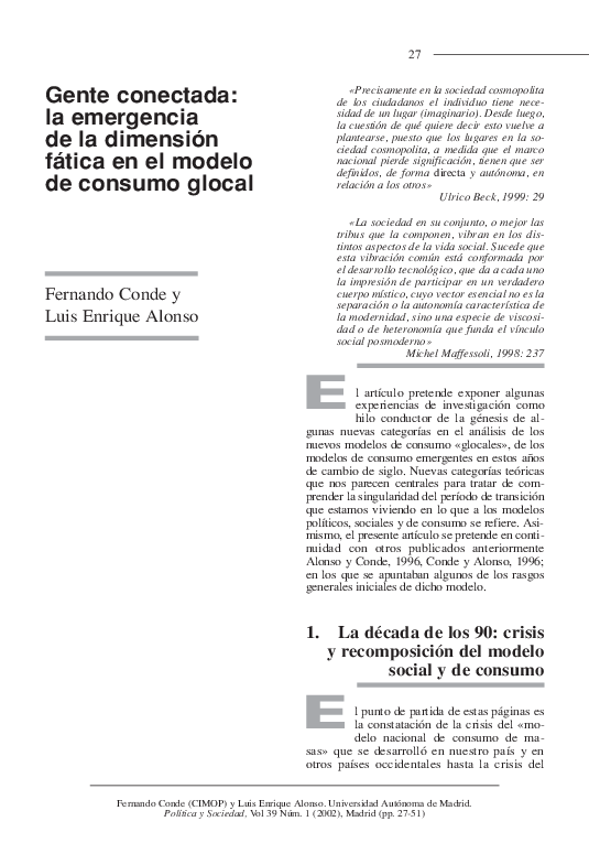 (PDF) Gente conectada: la emergencia de la dimensión fática en el modelo de consumo glocal