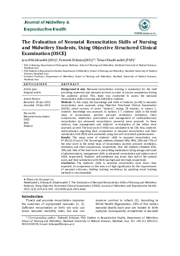 (PDF) Evaluating Neonatal Resuscitation Skills of Nursing and Midwifery Students Using Objective ...