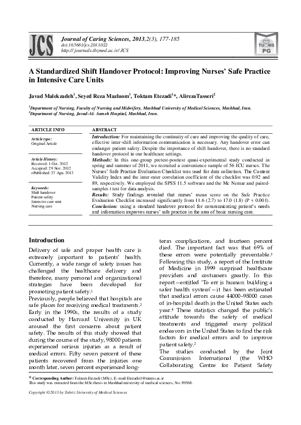 (PDF) A standardized shift handover protocol: improving nurses' safe ...
