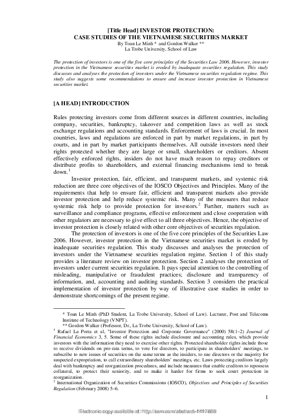 (PDF) Investor Protection: Case Studies of the Vietnamese Securities Market